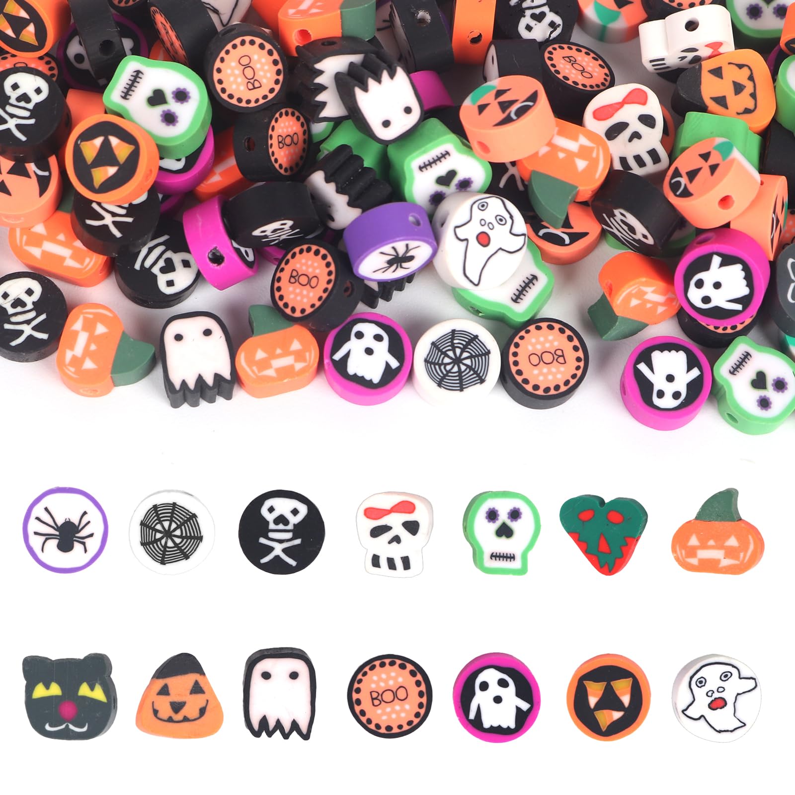 MAIOUSU STORE 200PCS Random Halloween Polymer Clay Beads Heishi Spacer Beads Fall Halloween Clay Bead Set Assorted Pumpkin Ghost Spider Bat Clay Beads for Bracelet Necklace Earring DIY
