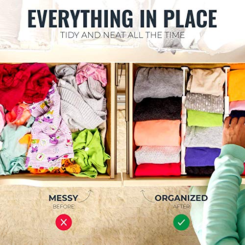 RAPTUROUS Adjustable Drawer Dividers 6 Pack, 5" Tall, 13-22" Long, Deep Dresser Drawer Divider for Bedroom, Closet, Kitchen, Nursery Organization, Strong & Sturdy Hold, Soft Foam Edges(White)