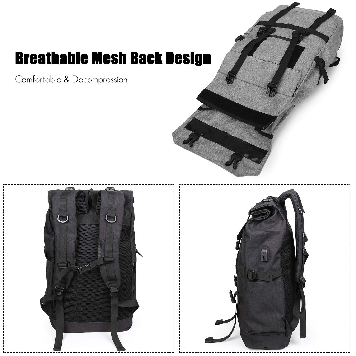 FANDARE Roll-top Backpack Expandable Daypacks Anti-Theft Rucksack Lightweight Knapsack Field Pack for Men Women Outdoor Travel Hiking Camping Campus Black