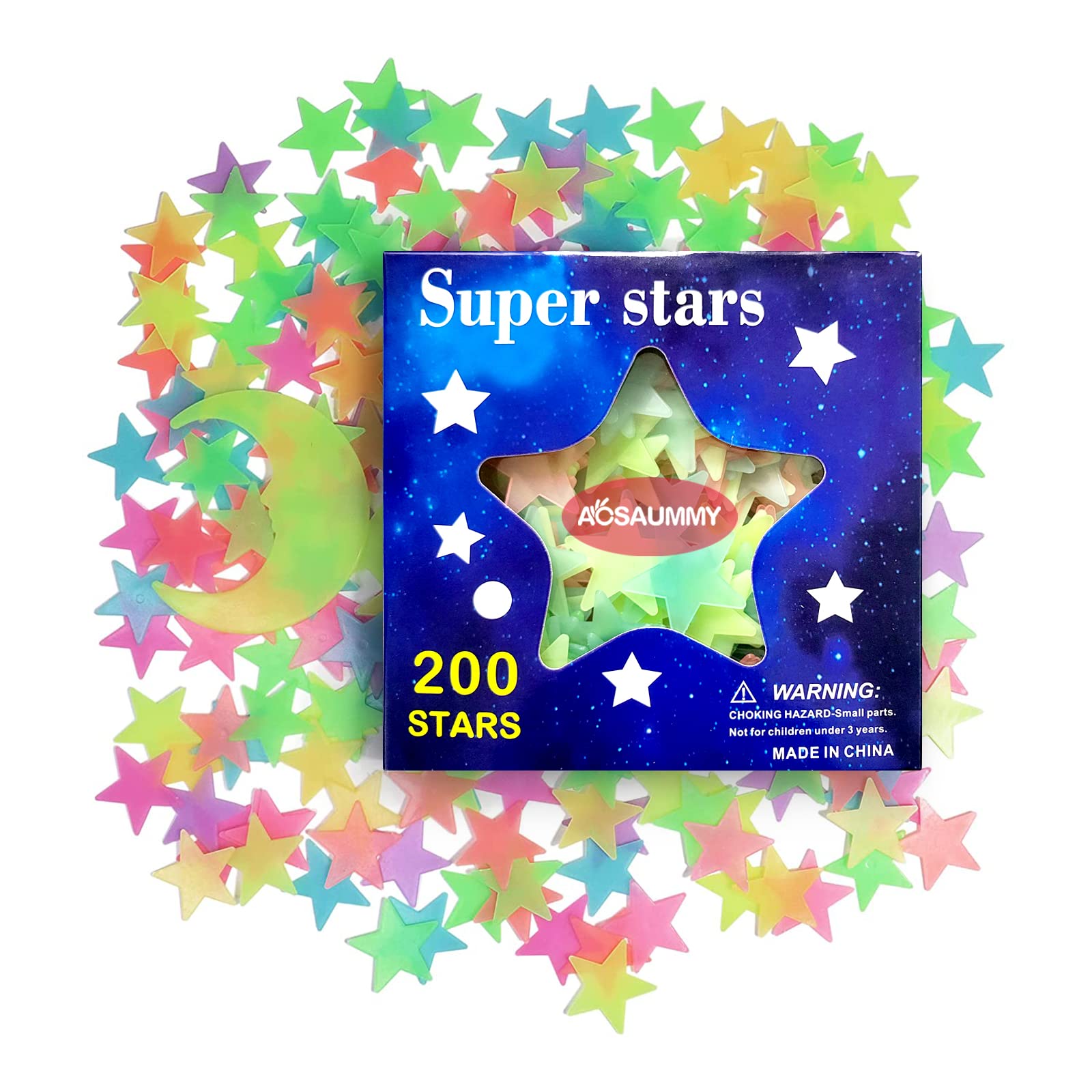 Glow in The Dark Stars Stickers, ACSAUMMY 201pcs Colorful Super Bright Plastic Large Glow in The Dark Stars for Ceiling Wall Decor 3D Luminous Ceiling Stars and Moon Stickers Decor for Kids Bedroom