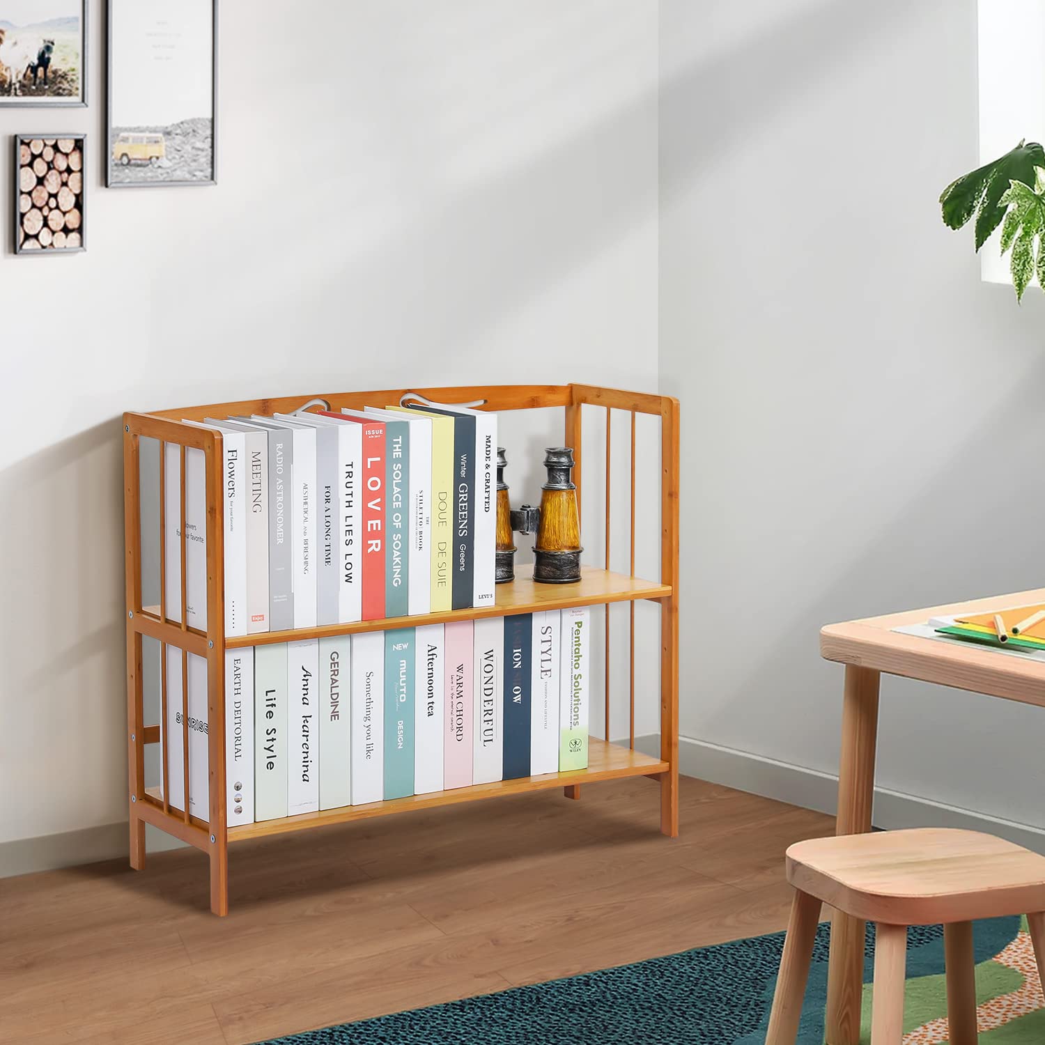 MoNiBloom Bamboo 2-Tier Bookshelf Bookcase Storage Organizer Plant Flower Stand, Utility Shelf Rack for Living Room Bathroom Balcony Table Home, Natural