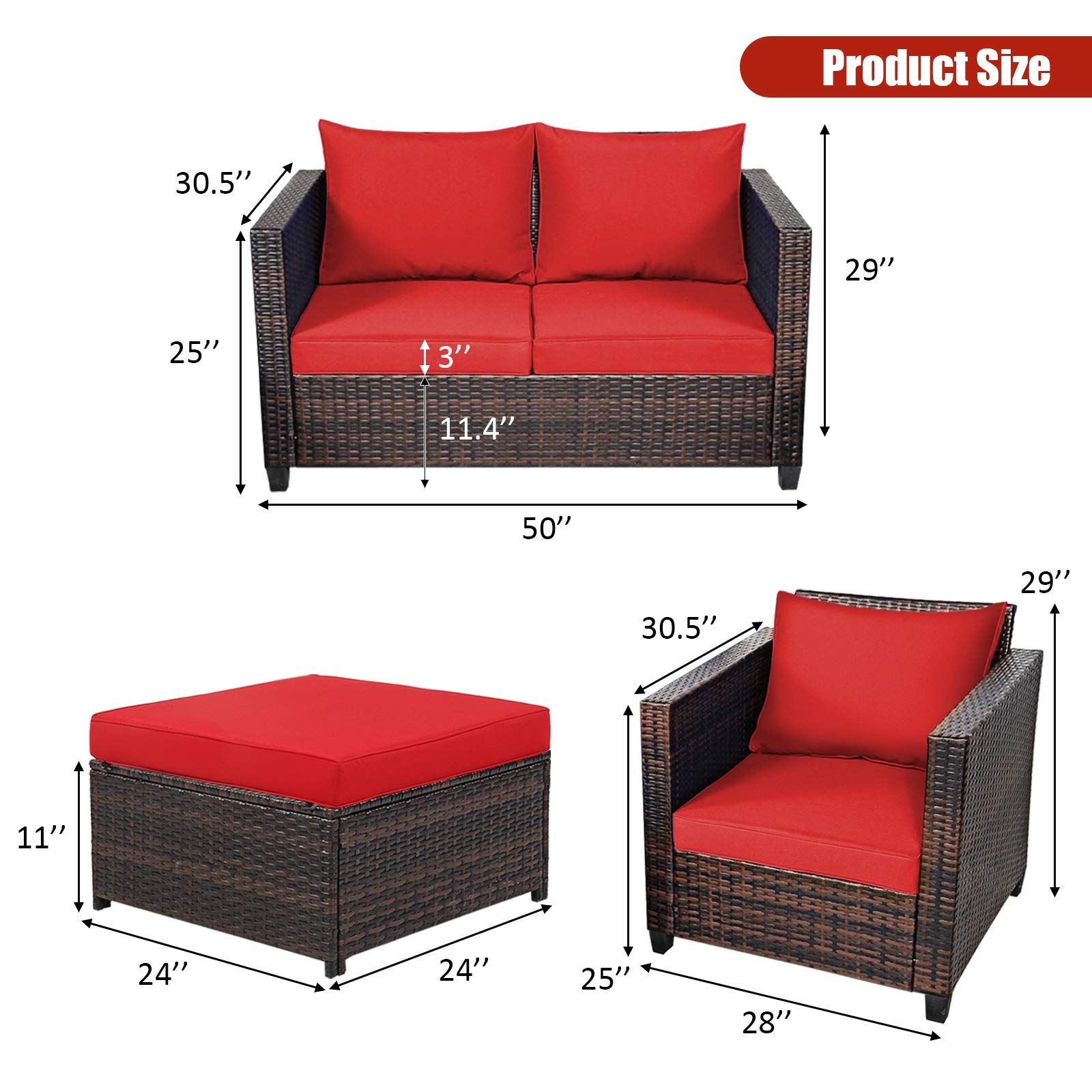 Tangkula 5 Pieces Patio Furniture Set, Outdoor Rattan Sofa Set w/Removable Cushions, Wicker Loveseat w/Single Sofa and Ottoman, Sectional Sofa Conversation Set for Backyard, Garden, Poolside (Red)