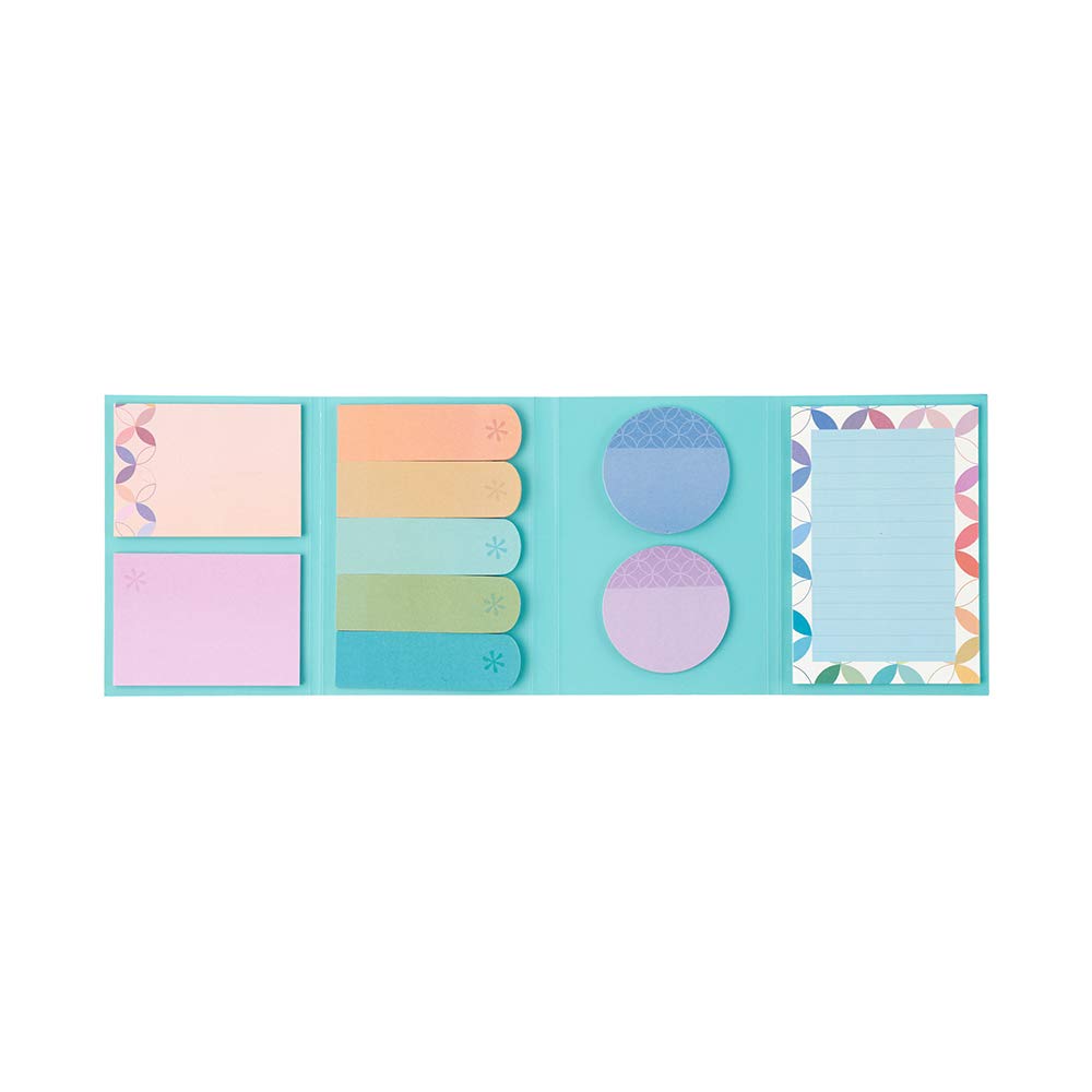 Erin Condren Designer Desk Accessories - Mid Century Circles Sticky Note Booklet. Sophisticated, Metallic, Multicolored Design Featuring Beautiful, Symmetrical, Concentric Circles.