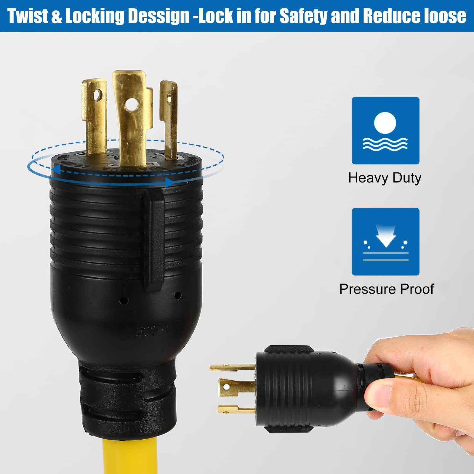 HDWS 1FT NEMA L6-30P to 6-20R/6-15R T-Blade Adapter, 30Amp Twist Locking Male Plug to 3 Prong Receptacle Generator Dryer EV Charger Power Cord