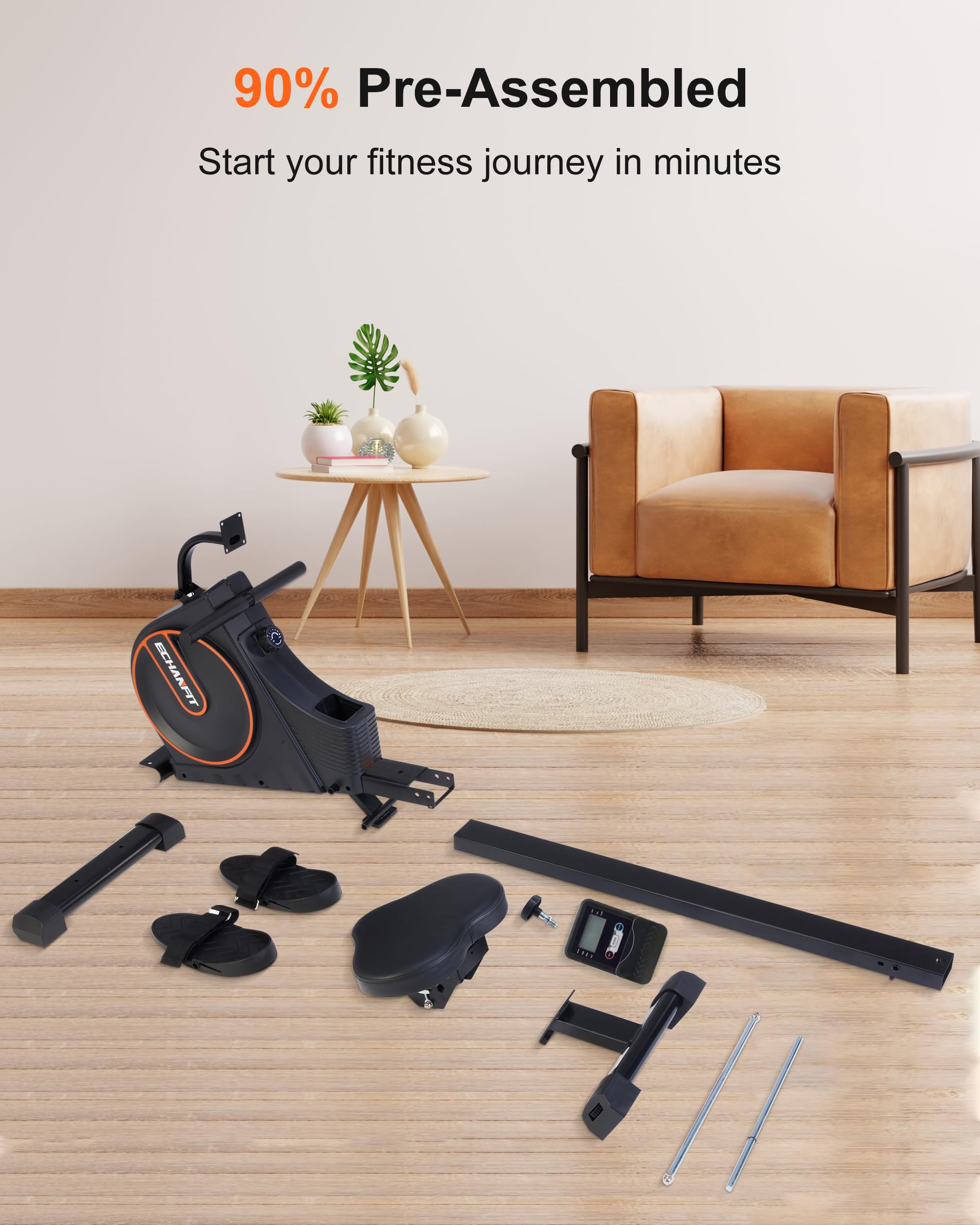 ECHANFIT Magnetic Rower Rowing Machine for Home Use Foldable w/16 Level of Quiet Magnetic Resistance with LCD Monitor and Adjustable Console Angle for Cardio Training (CR49)