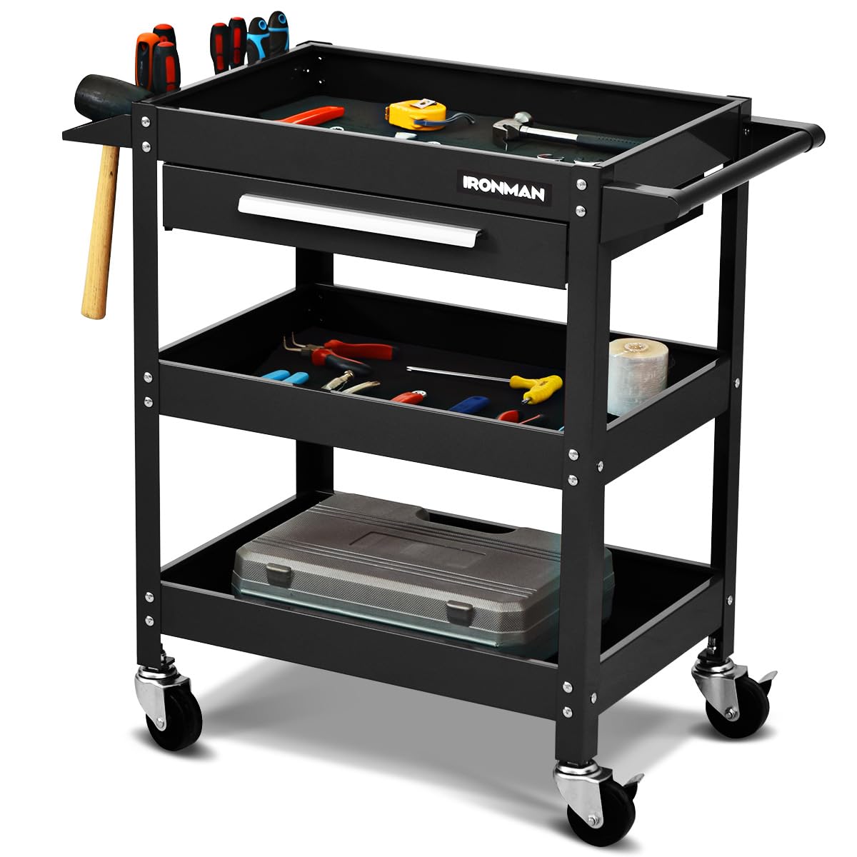 IRONMAX 3 Tier Tool Chest, Heavy Duty Industrial Utility Service Cart with Drawer & Wheels, Rolling Mechanic Tool Box Organizer for Garage Warehouse Workshop Repair Shop Office, 330 LBS Capacity