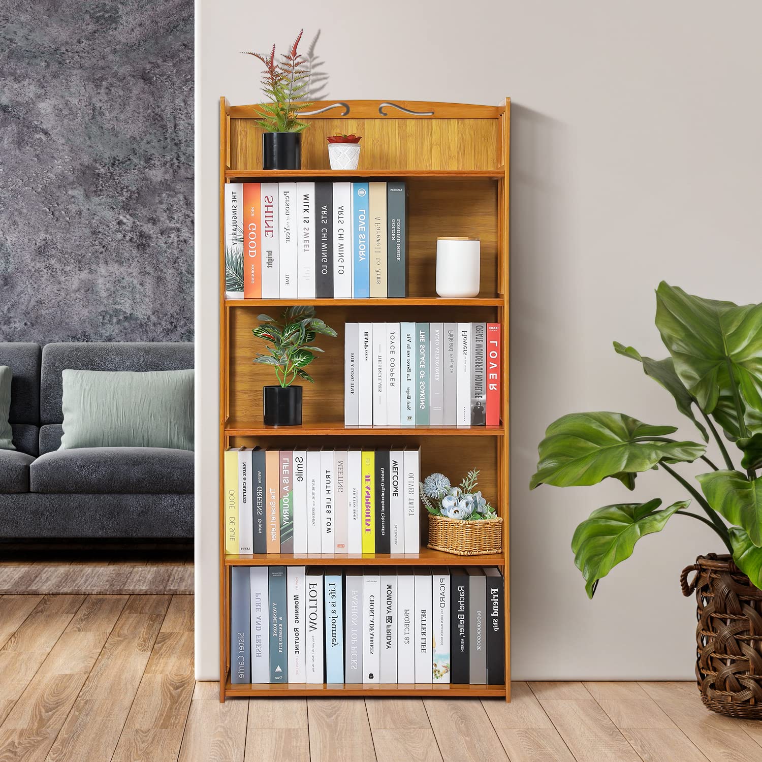 MoNiBloom Bamboo Bookcase with Decorative Carvings, Bamboo 5-Tier Adjustable Book Shelf Stand Storage Organizer for Living Room Kitchen Office Garden, Natural