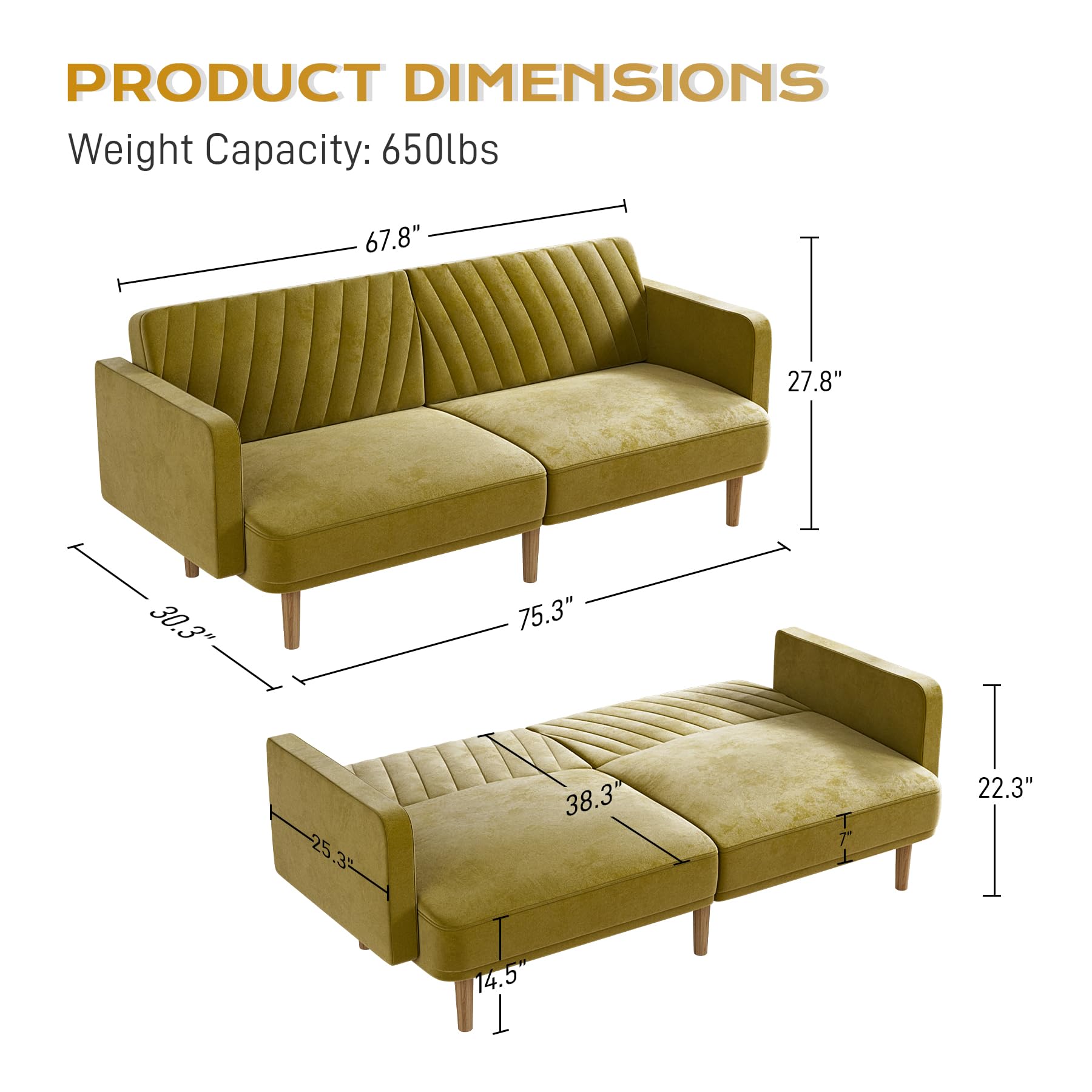 OUYESSIR Futon Sofa Bed, Convertible Sleeper Sofa with Wood Legs, 75.3β Splitback Sofa with 2 Pillows, Velvet Futon Couch for Living Room (Olive Green)