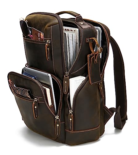 LANNSYNE Vintage Full Grain Genuine Leather Backpack For Men, fits 16" Laptop Travel Hiking Bag Camping Rucksack Brown