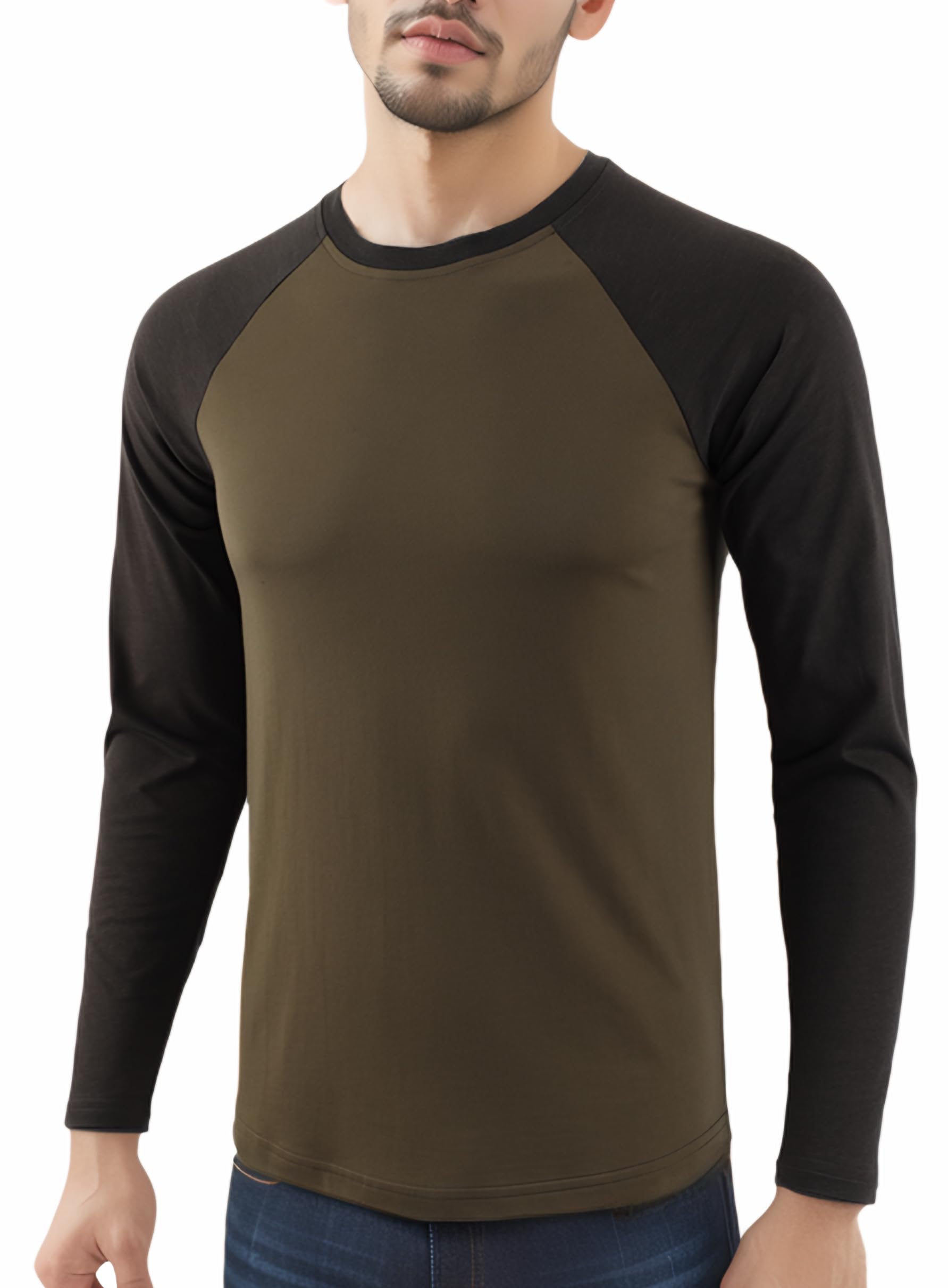 Estepoba Men's Slim Fit Long Raglan Sleeve Active Workout Running Hiking Baseball Tee Shirts H.Oatmeal/H.Gray M