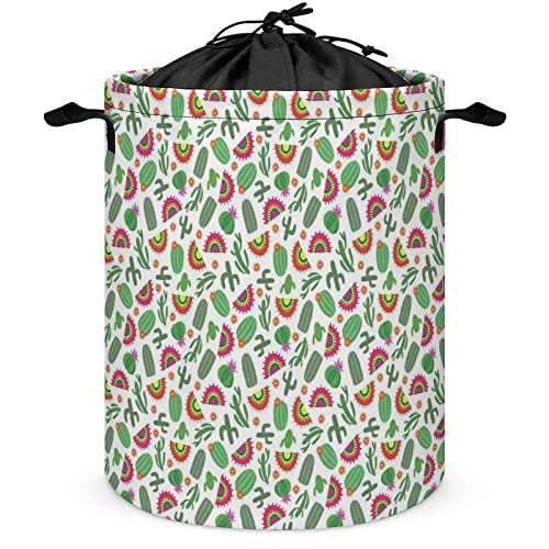 Mexican Style with Cactus Laundry Basket Round Collapsible Storage Bin with Drawstring and Handle for Bedroom Bathroom Toys Room 17.3" X 13.8"
