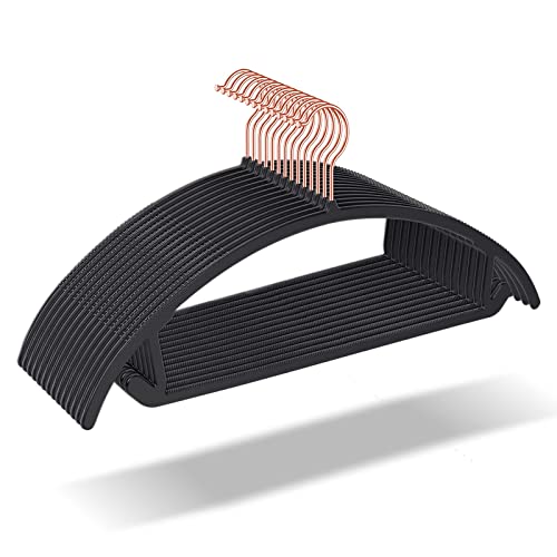 OIKA Hangers 50pack No Shoulder Bump Plastic Suit Hangers - Rose Gold Hooks,Non Slip Space Saving Clothes Hangers, Heavyduty Pants Hangers, Black Hangers