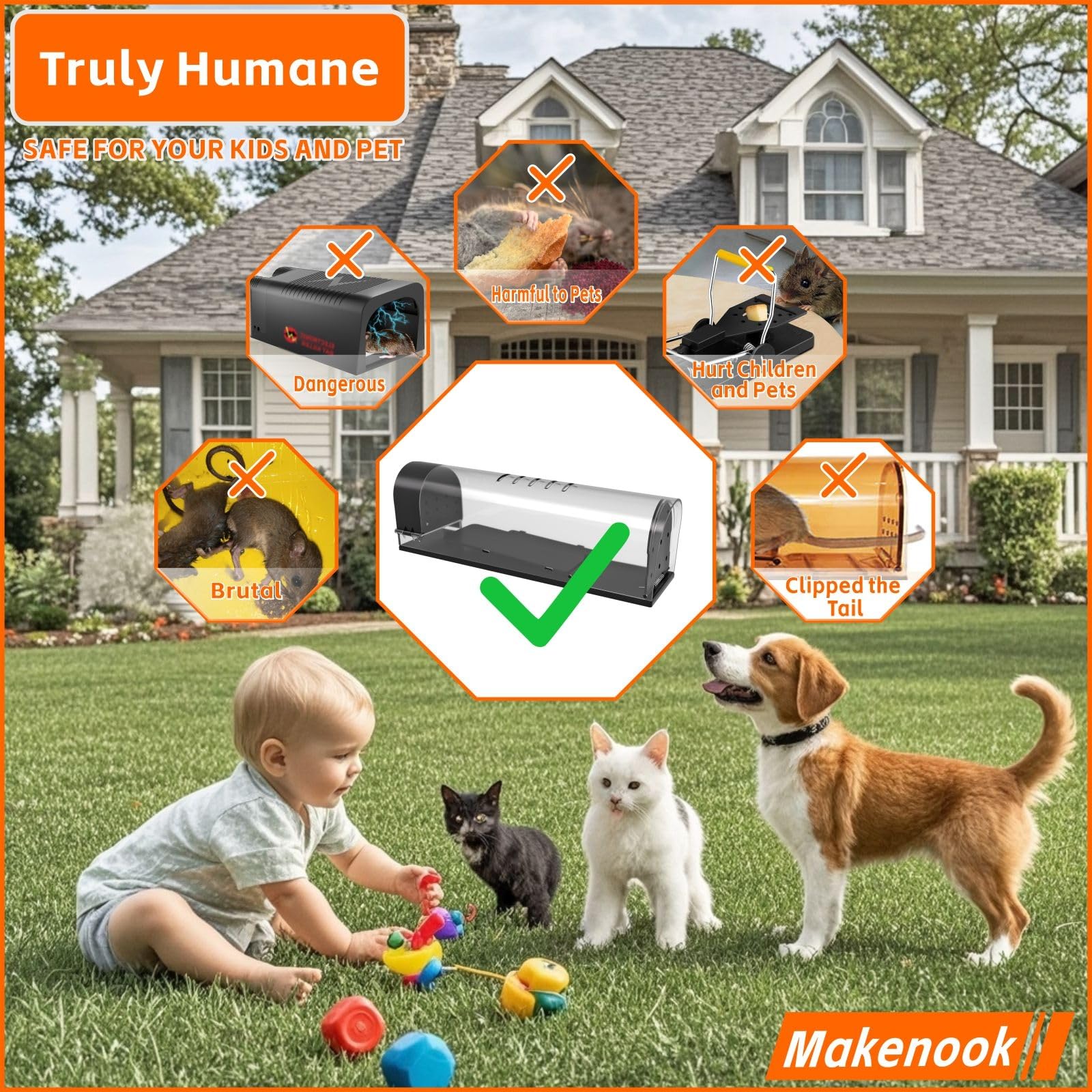 Makenook Humane Mouse Traps Indoor for Home, Large No Kill Live Rat Traps Outdoor, Reusable Chipmunk Trap, Catch and Release, Safe for Pets and Children, Easy to Set, 2 Pack