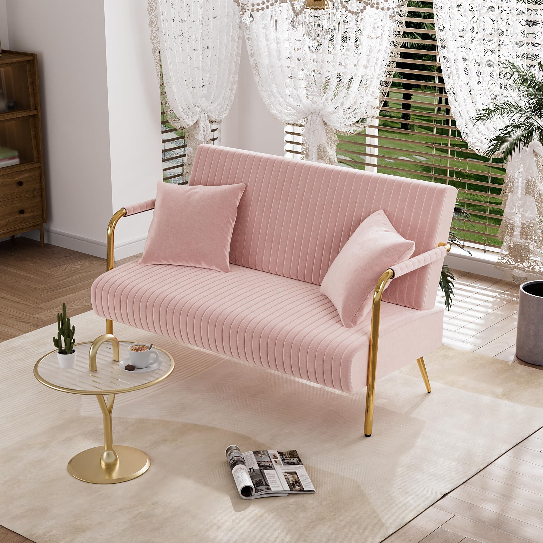 OUYESSIR Loveseat Small Sofa Couch, 59" Love Seat Settee 2 Seater Upholstered Sofa with 2 Pillows for Small Space Living Room Office Apartment (Pink, Velvet)