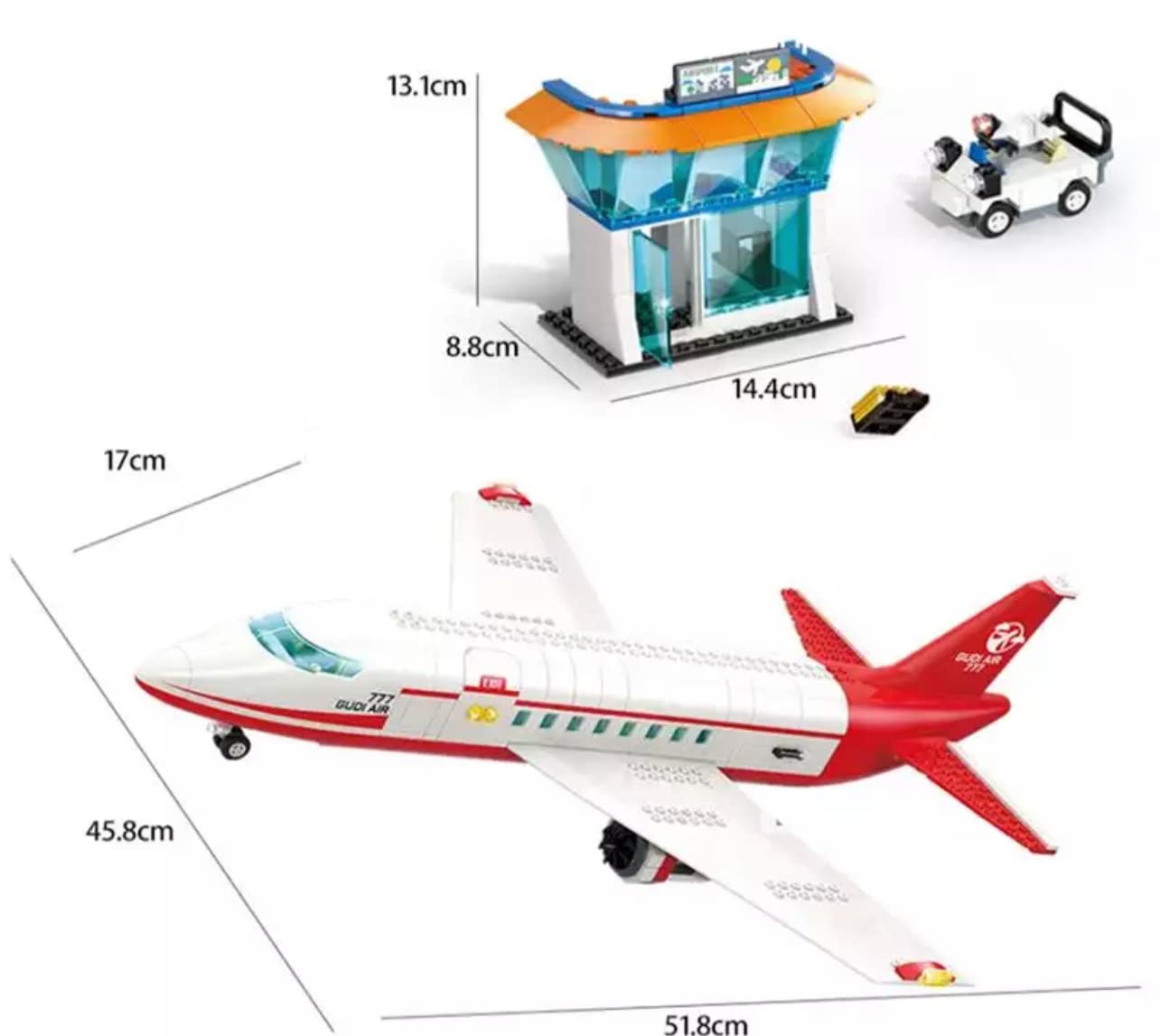 General Jim's White and Red Passenger Airplane 720 Piece Modular Building Block Bricks Toy Playset with Control Tower, Service Vehicle, and Motorcycle for Teens and Adults