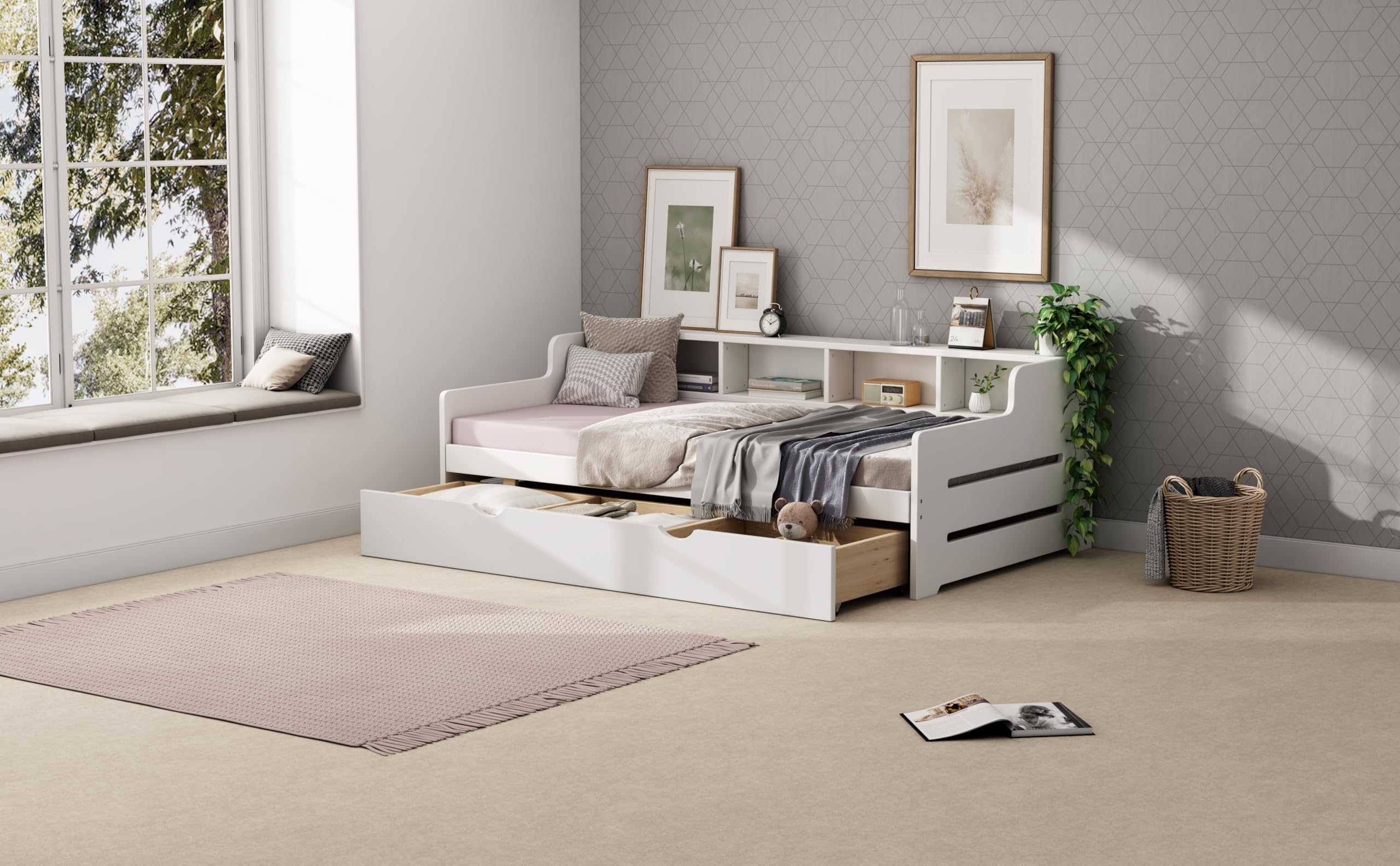 OUYESSIR Twin Size Daybed with 3 Storage Drawers, Upholstered Day Bed Frame with Bookcase Headboard and Full Wood Slats for Kids Teens Adult Boys Girls, No Box Spring Needed, White