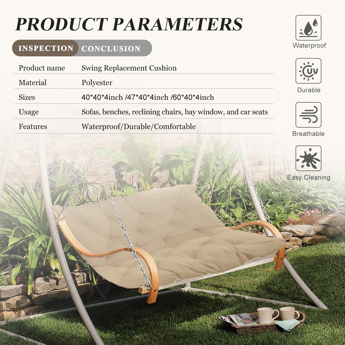 Outdoor/Indoor Swing Replacement Cushion, 2 or 3 Seats Bench Cushions with Backrest, Thicken 4" Recliner Seat Pad for Garden/Patio, Waterproof Premium Tufted Cushion with Ties(Light Grey-40x40x4in)