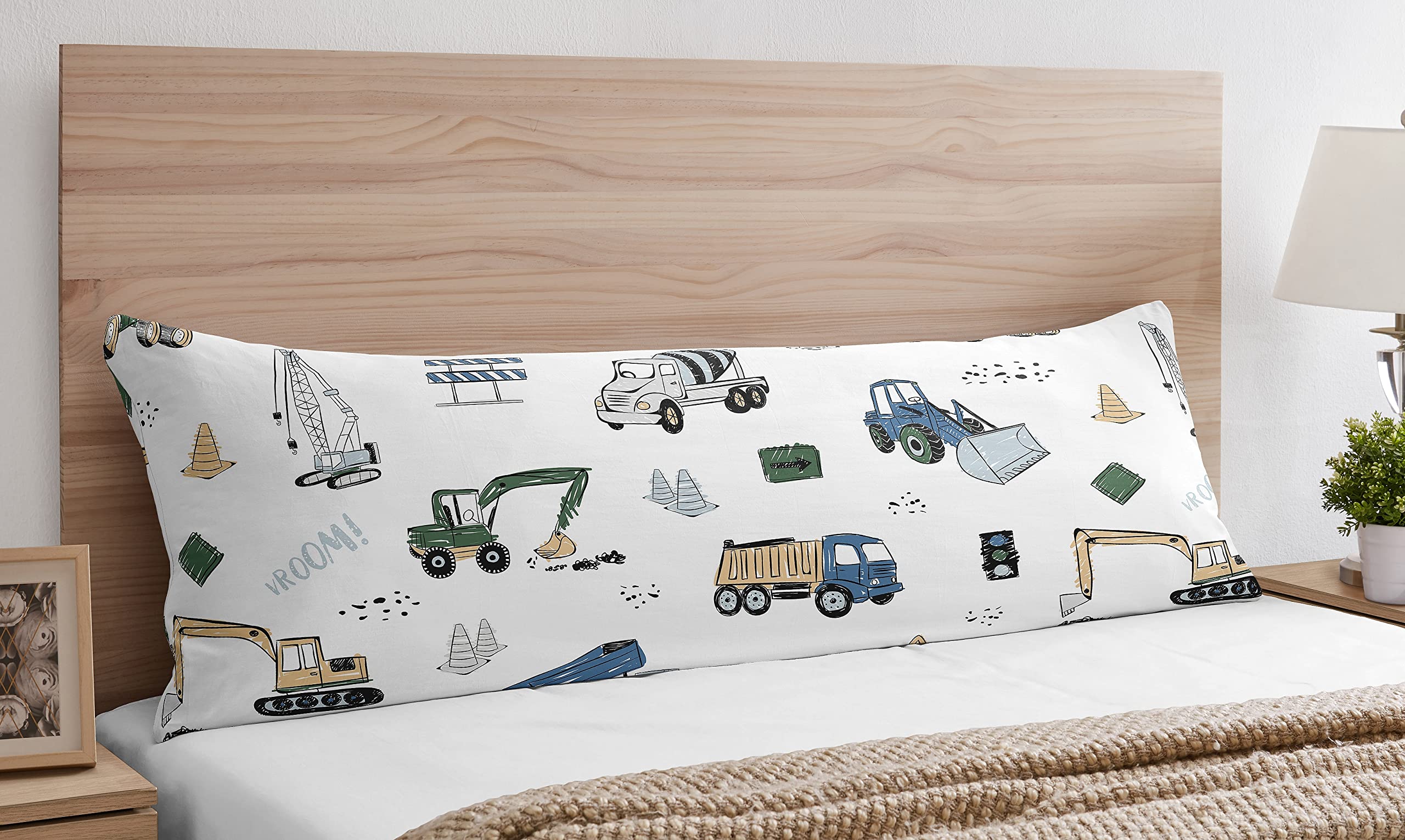 Sweet Jojo Designs Construction Truck Body Pillow Case Cover (Pillow Not Included) - Grey Yellow Black Blue and Green Transportation