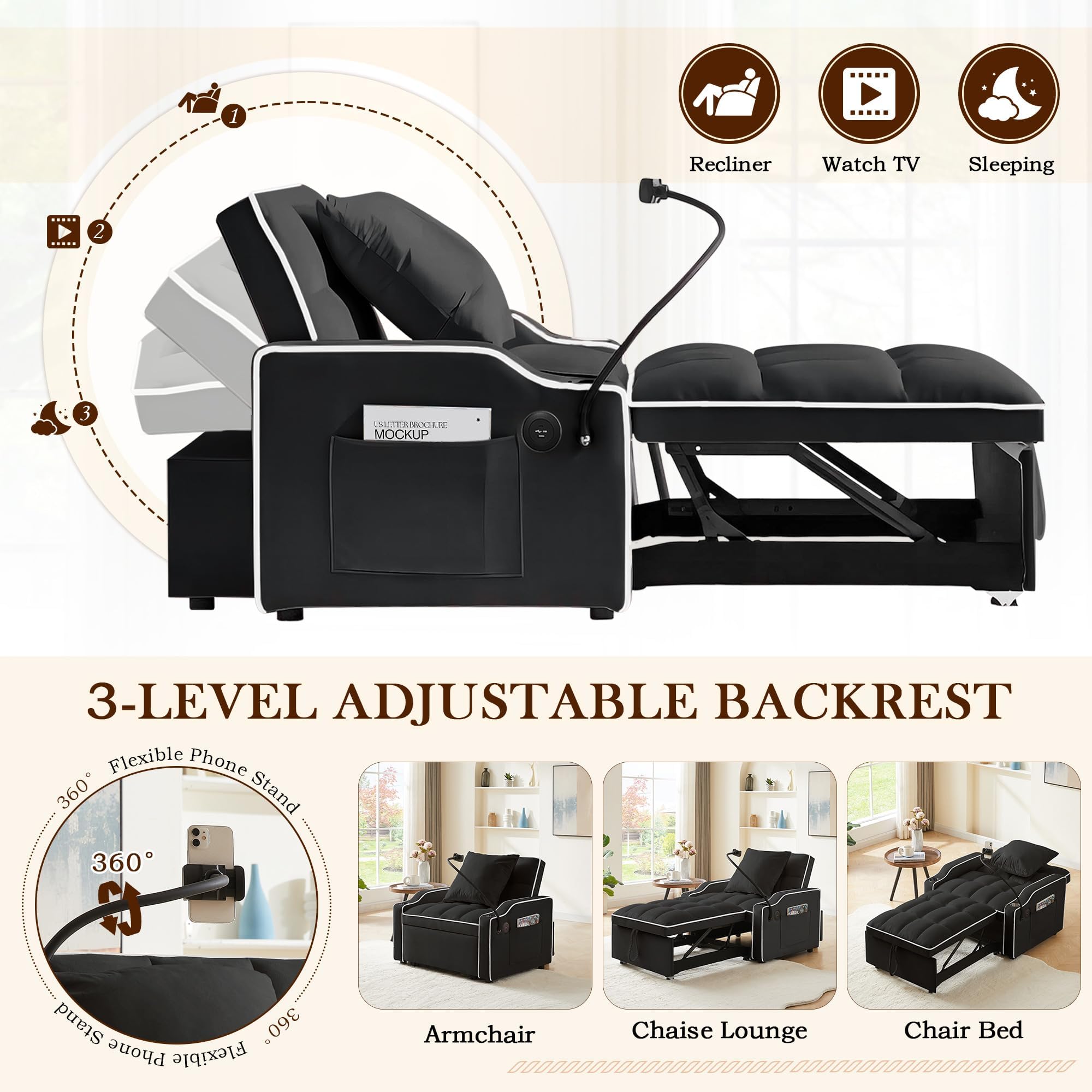 YASHFU 3 in 1 Sleeper Sofa Couch Bed, Velvet Convertible Loveseat Sleeper Sofa with USB Port and Ashtray & Swivel Phone Stand, Storage Pockets, Pull Out Loveseat Sleeper for Living Room(Grey)