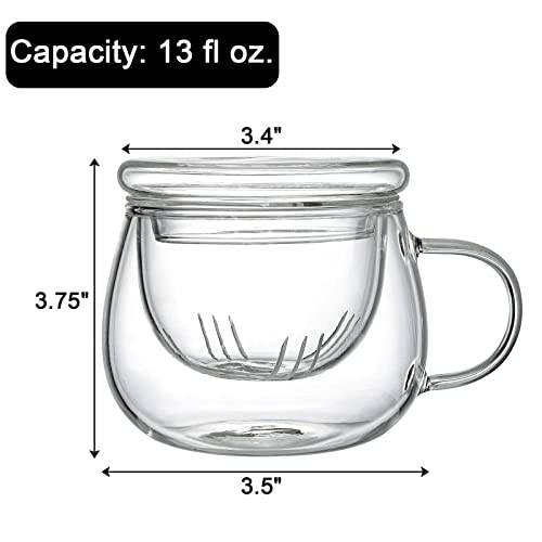 Tosnail 2 Pack 13 Ounce Glass Tea Cup with Lid and Tea Infuser Set, Tea Mugs with Strainer, Clear Teacups with Tea Filter, Glass Cups for Loose Tea Brewing