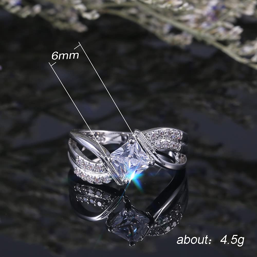 Gixaxak 925 Silver Ring Square Cubic Zirconia Inlay Ring CZ Crystal Square Engagement Rings Split Shank Promise Rings Wedding Personality Bands 7