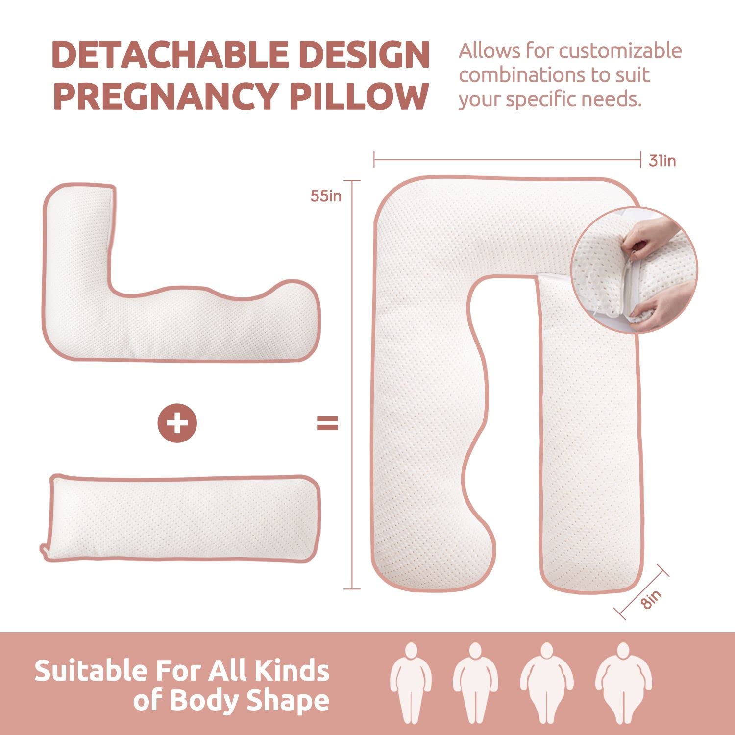 ELEMUSE Detachable Pregnancy Pillows for Sleeping, U Shaped Full Body Pillow with Removable Cooling Bamboo Cover, Pregnant Women Must Haves Maternity Pillow, Support for Head, Back, Hips, Legs, Belly
