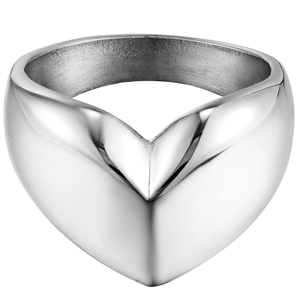eternllery Stainless Steel Heart Shaped Chevron Style Classic Plain Wedding Statement Promise Anniversary Valentines Ring (Silver, 7)