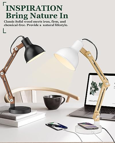 ELYONA White Desk Lamp with Wireless Charger, Solid Wood Table Lamp with USB C Charging Port, Swing Arm Reading Task Light with 5W LED Bulb for College Dorm, Office, Living Room, Bedroom, Farmhouse