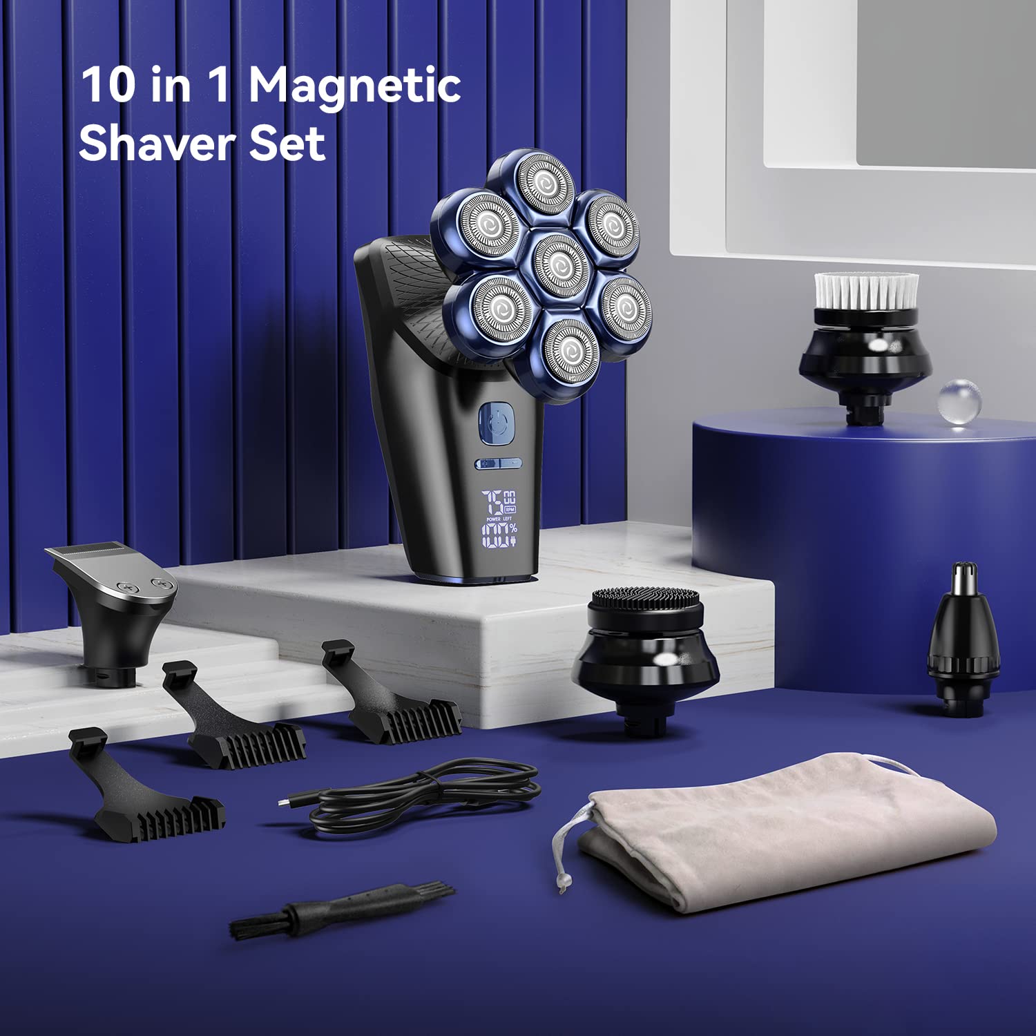 Head Shavers for Bald Men, 7D Magnetic Floating Head Shaver with 3 Modes, IPX7 Waterproof Electric Razor Grooming Kit, USB Rechargeable