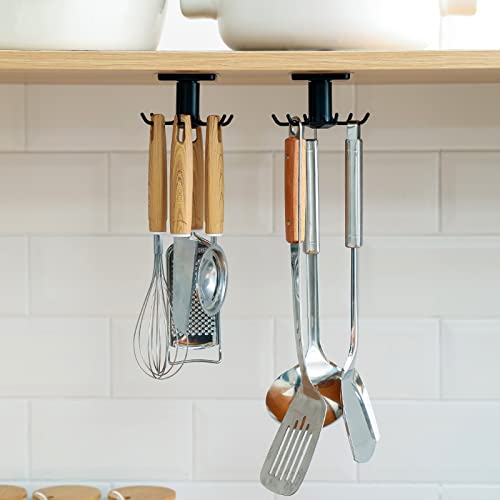 Under Cabinet Kitchen Hooks, 360° Rotating Hook with 6 Claws, Nail Free Adhesive Kitchen Utensils Hanging Hooks Utensil Rack for Kitchen Utensils,Tools,Towel(Pack of 4, Black)