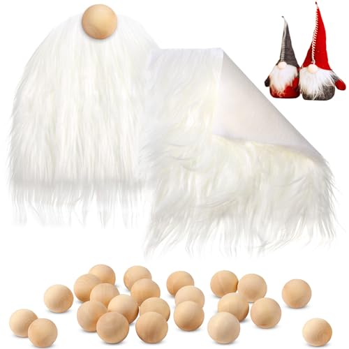Tatuo 22 Pcs Faux Fur Fabric Squares and Wooden Balls Gnome Beards Crafting Set Include 2 Pcs Fur Fabric Patches 10 x 10 Inch 20 Pcs Wood Balls for Christmas Crafting Sewing Supplies(White)