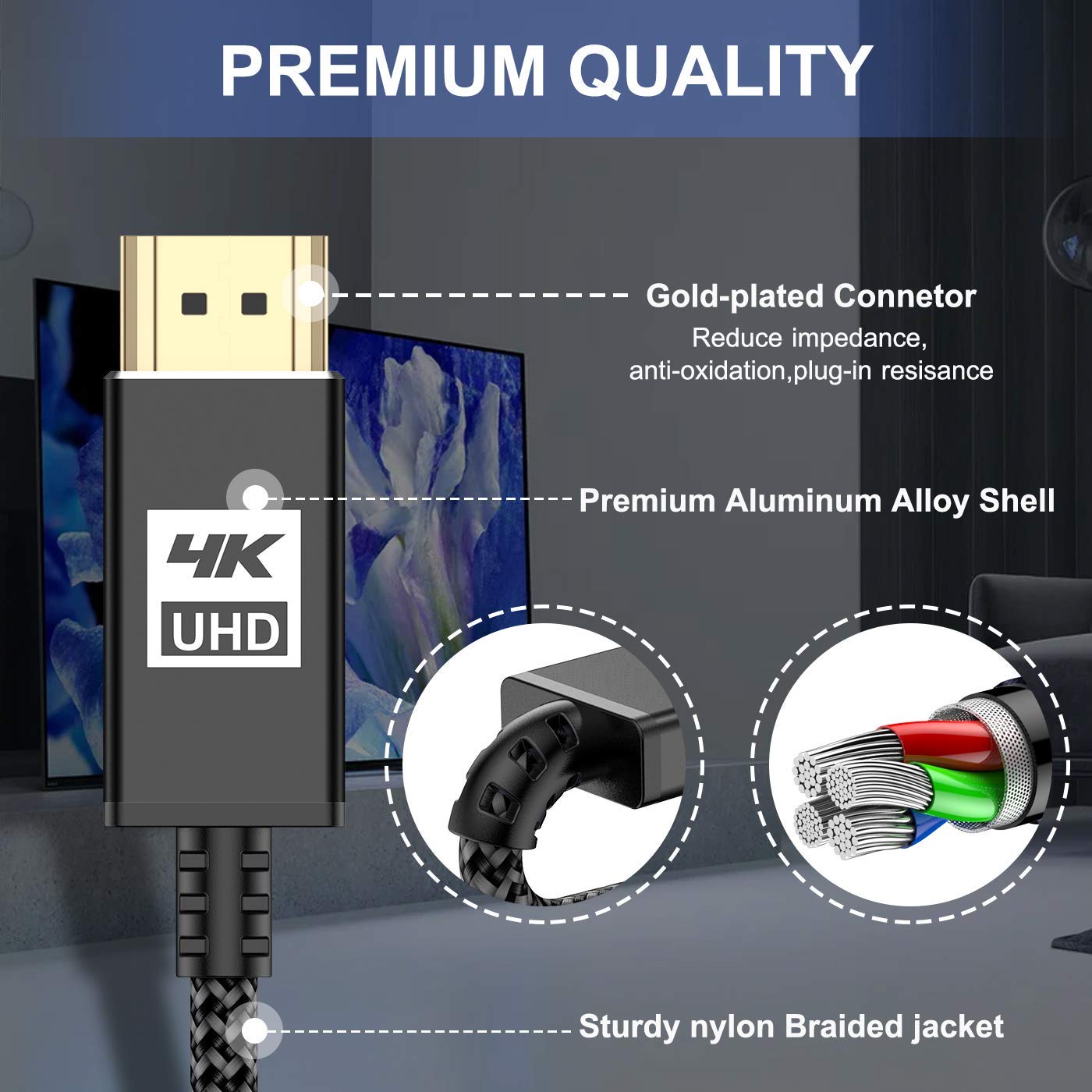 sweguard HDMI Cable 10ft [4K@60Hz, 1080P@144Hz], 4K HDMI 2.0 Cable High Speed 18Gbps Gold Plated Nylon Braided Supports HDR,HDCP 2.2, 2160P,3D,ARC for Roku TV PS5 PS4 Xbox HDTV Blu-ray&Monitor-Black