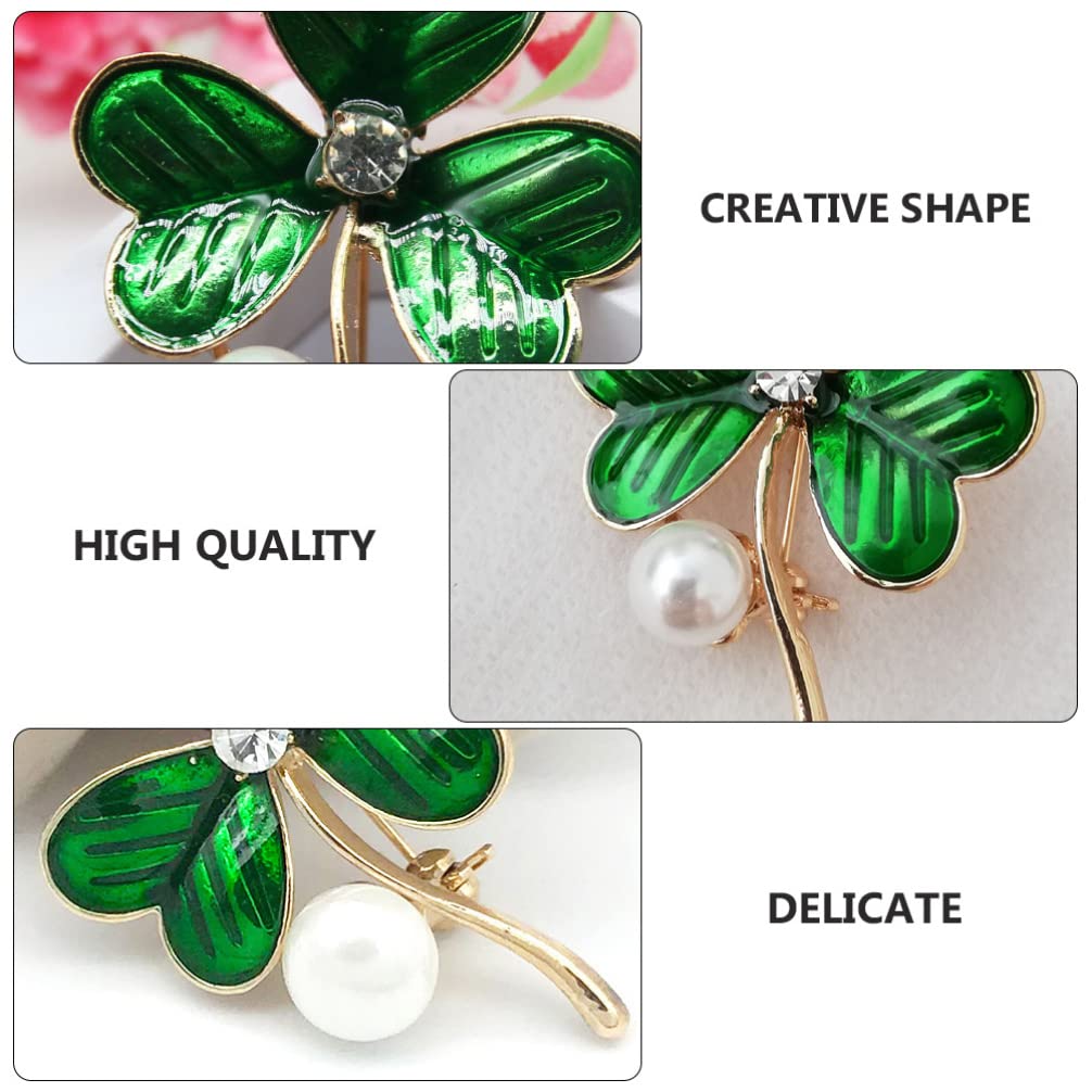 Generic Green Four Leaf Clover Pin St Patricks Day Shamrock Brooch Pin Pearl Enamel Brooch Breastpin Irish Jewelry for Party Accessory