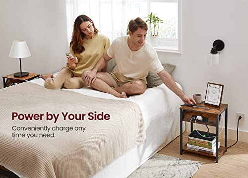 VASAGLE Side Tables with Charging Station, Set of 2 End Tables with USB Ports and Outlets, Nightstands for Living Room, Bedroom, Plug-in Series, Rustic Brown and Black ULET372B01