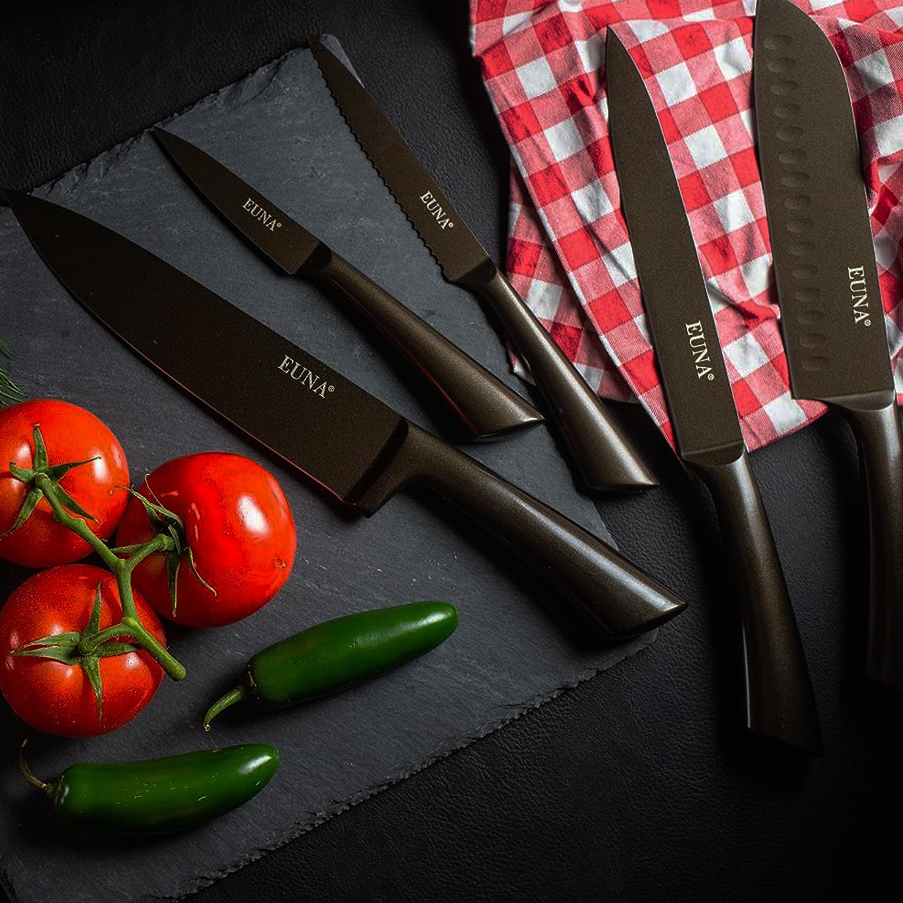 EUNA 5 PCS Kitchen Knife Set [Durable & Sharp], All Metal Chef Knife Set with Sheaths and Gift Box, Premium German Stainless Steel Knife with Ergonomic Handle, Rust-Resistant Cooking Knives