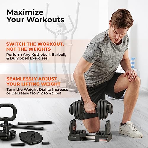 Lifepro 3-In-1 Weight Lifting System - 2 to 43 Lbs Kettlebell, Dumbbell, & Barbell Adjustable Weights Set for Home Gym - Versatile & Compact Weight Sets for Home Workout - Interchangeable Grip System