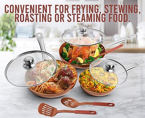 Razab Copper Frying Pan Set with Lids, 8", 9.5" & 11" Frying Pan Set, Nonstick Frying Pan Set, Copper Pans with Lid, Nonstick Skillets w/Lids 8", 9.5" & 11" Copper Pan Set