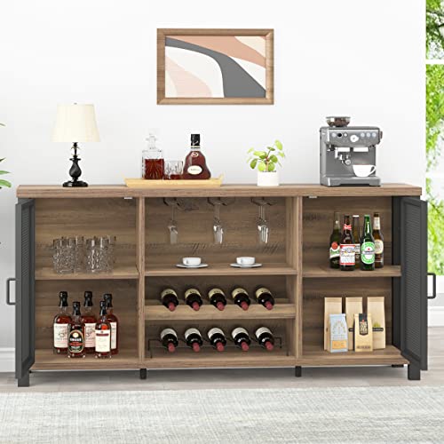 Launica Wine Bar Cabinet, Industrial Coffee Bar Cabinet Farmhouse for Liquor and Glasses, Sideboard Buffet Cabinet with Storage Rack for Home Kitchen Dining Room, Rustic Oak, 55 In