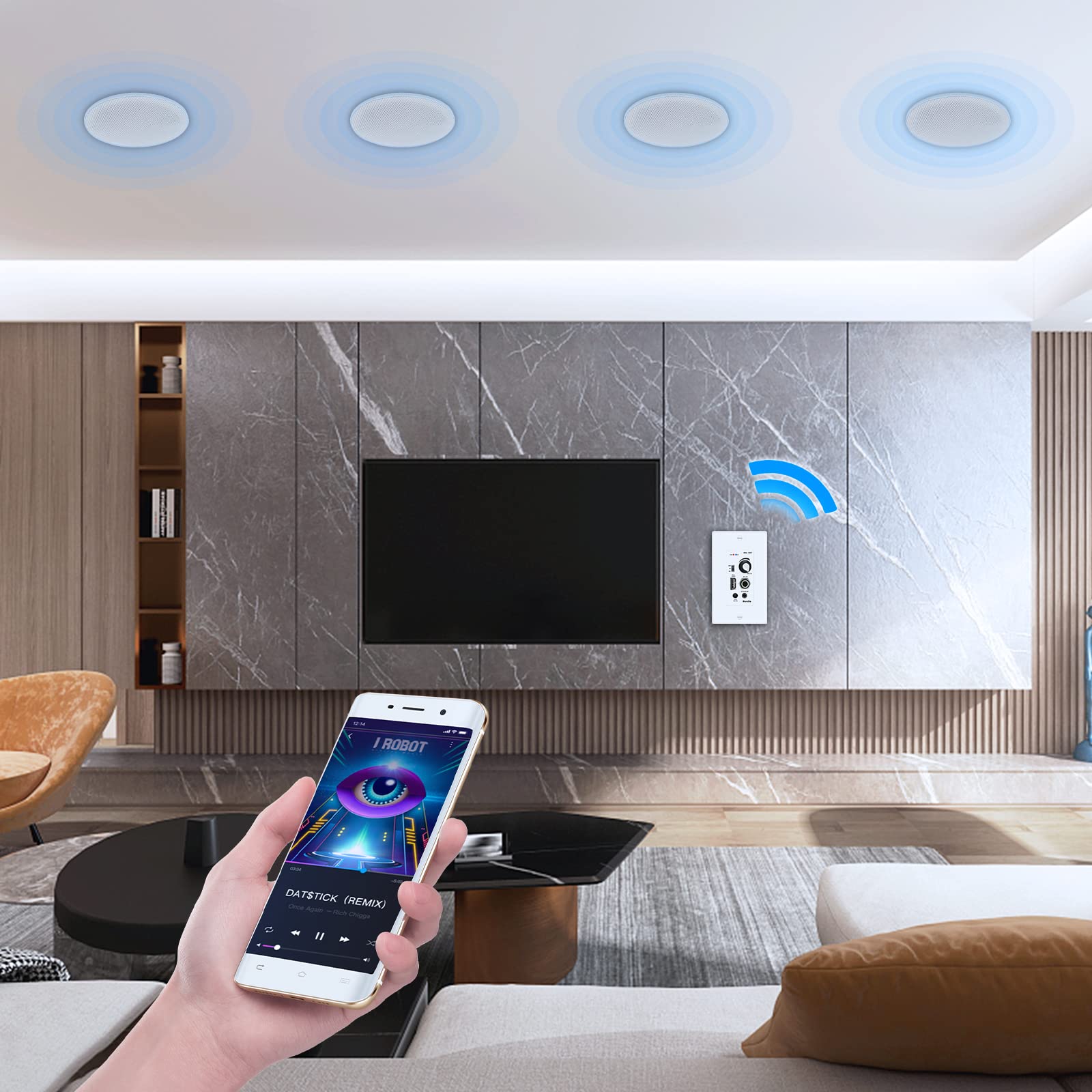 Herdio 6.5'' Bluetooth in Wall in Ceiling Speakers 600W 2-Way Flush Mount Speakers System with Wall Amplifier Receiver for Home Theater Office Bathroom(2Pairs, Paintable-Grille)