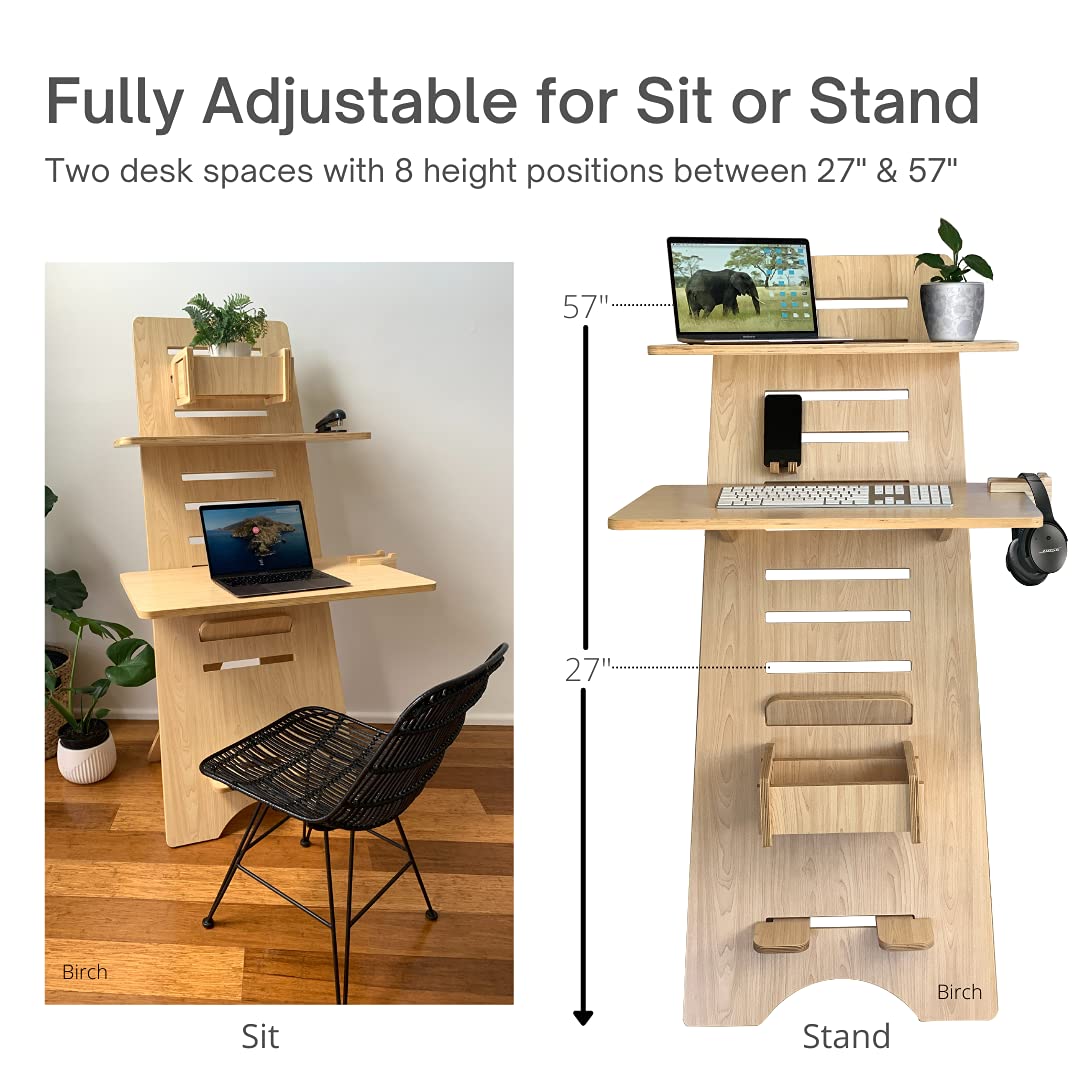 ecotribe Modern Height Adjustable 2 Tier Desk for Small Spaces - Compact Narrow 30 inch Wide Sit/Stand Up Desk - Easy Adjustable Standing Desk for Study, Bedroom & Home Office