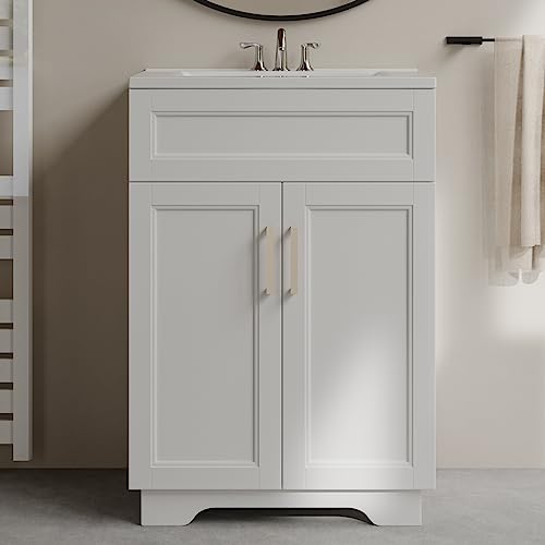 OLD CAPTAIN Bathroom Vanity with Ceramic Sink, Wooden Double Door Bathroom Storage Vanity with 24 Inch, Small Quick Assembly Bathroom Cabinet, White & Grey - Faucets and Downpipes Not Included (White)
