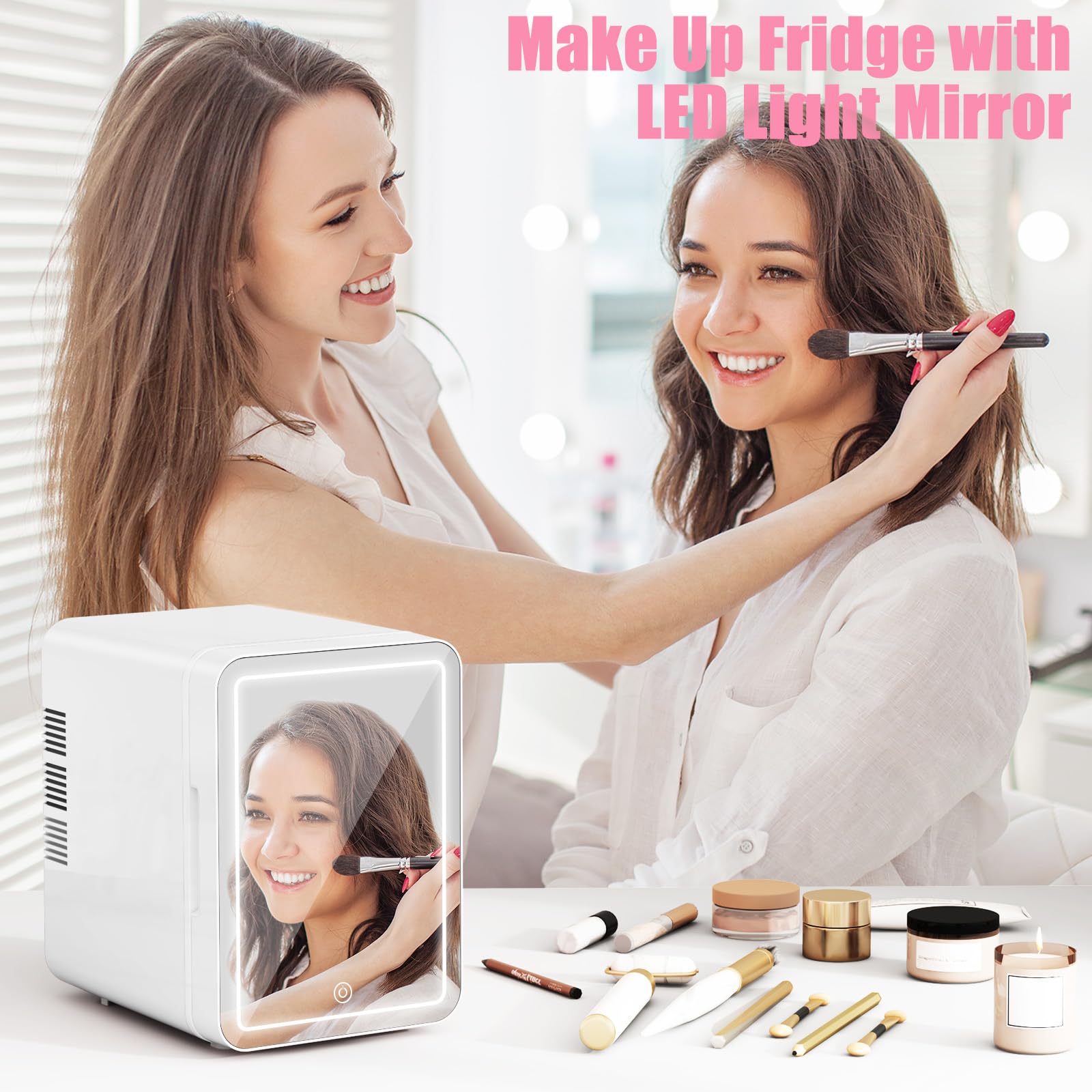 YDHZ Mini Fridge for Bedroom, Small Refrigerator Skincare Fridge With Dimmable LED Light Mirror 4L Makeup Mini Fridge Cooler & Warmer Compact Refrigerator for Cosmetics Drinks Mini Skin Care Fridge