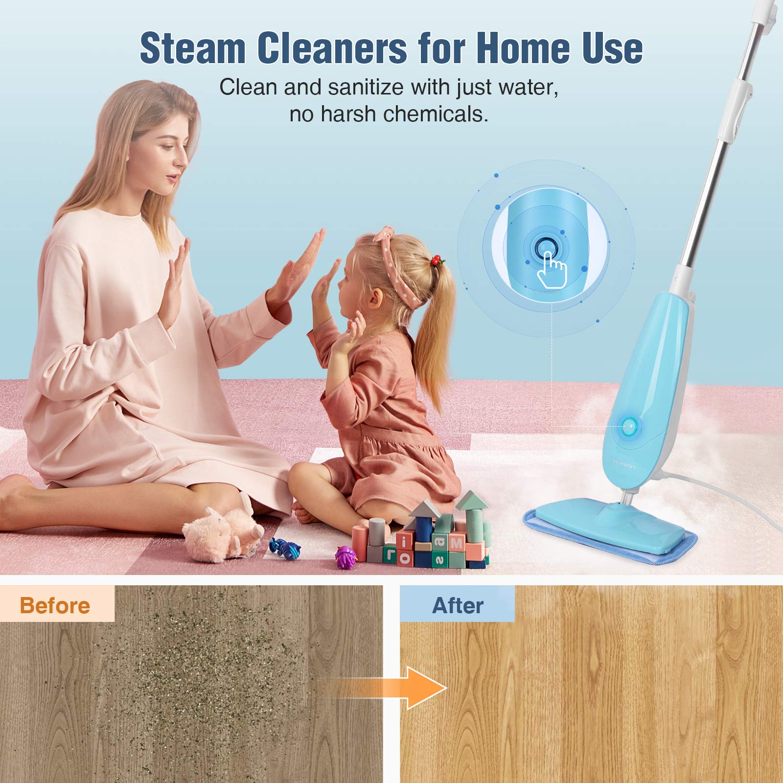 elezon Steam Mop 25s Fast Heating Floor Steamer for Hardwood and Tile, Lightweight Steam Floor Cleaner, M100