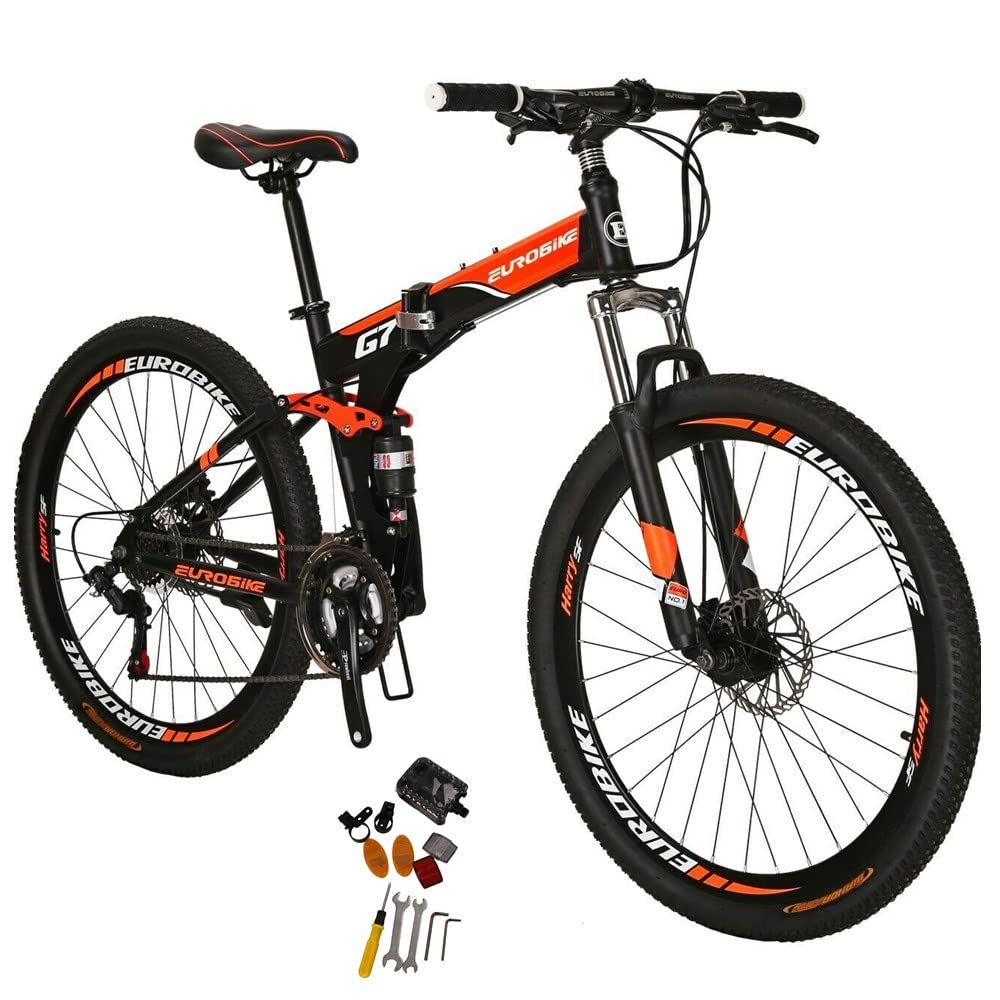 EUROBIKE Foldable Mountaine Bikes 27.5 Adult Men or Women 17 inch Frame (Orange)