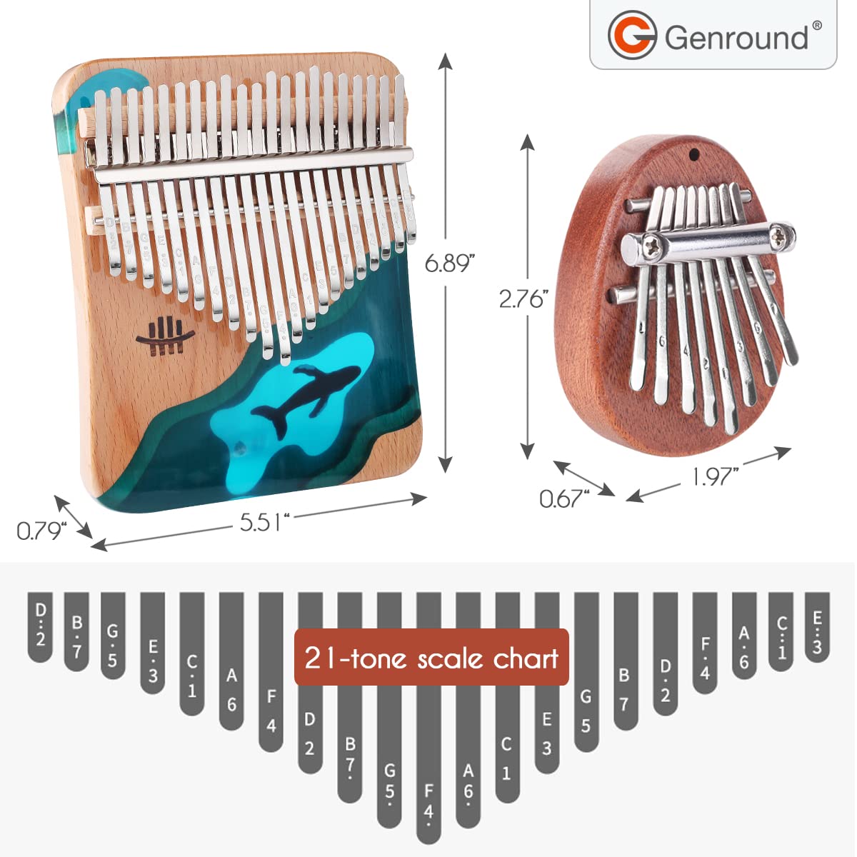 Genround Resin Kalimba Thumb Piano & Finger Instrument Set, 21 Keys & 8 Keys Piano with Beginner's Study Instruction, Portable Finger Piano Gift for Kids and Adults, Includes Tuning Hammer