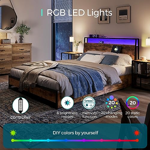 LINSY Full Size Bed Frame with 4 Drawers & Headboard, Bed Frame with RGB Lights & Fast Charger, Fast Assembly Bed Frame Full with Storage, No Box Spring Needed, Rustic Brown