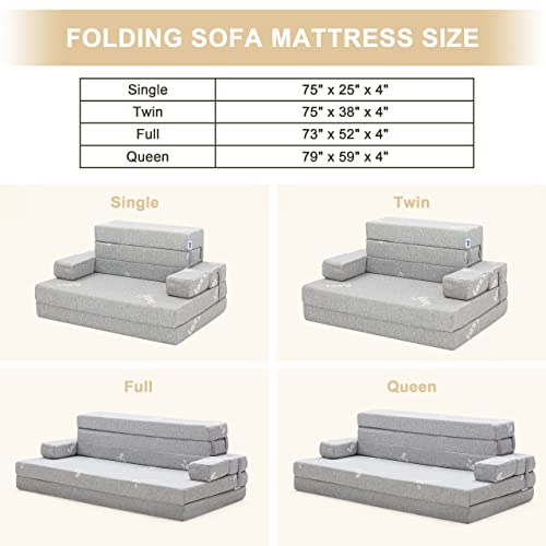 Lazyzizi Sleep 4 Inch Foldable Mattress, Portable Floor Mattress Couch with Headrest, Washable Cover, Foldable Foam Couch Full for Guest Bed, Folding Sofa Bed, Camping, Road Trip, Light Grey