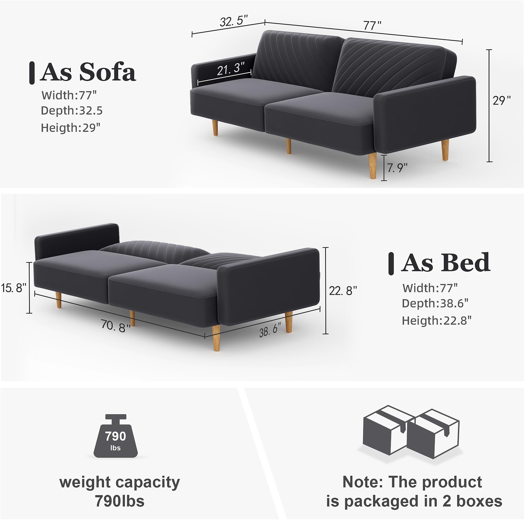 Outspurge Sofa Bed, 3 in 1 Convertible Sofa Bed, Modern Couch Bed with LVL Wood Frame, Love Seat, Couches for Living Room, Office & Bedroom (Light Grey Fabric)