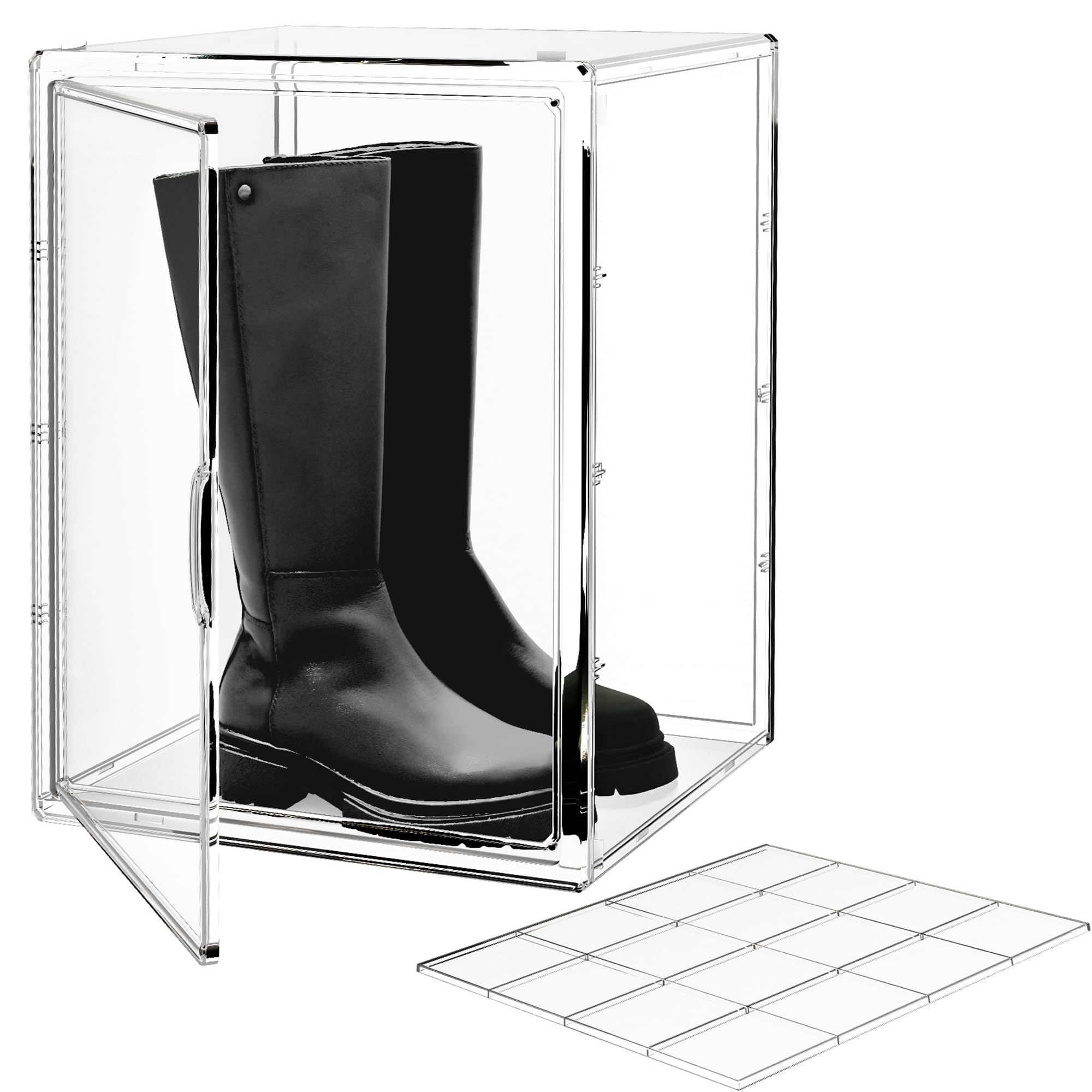 IYINIYI 15.75''x11.81''x9.84'' XX-Large Clear Shoe Storage Boxes with Divider, Stackable Plastic Boot Boxes with Magnetic Door, Acrylic display case Box with Lids for Sneaker Purses Handbags Books (3)