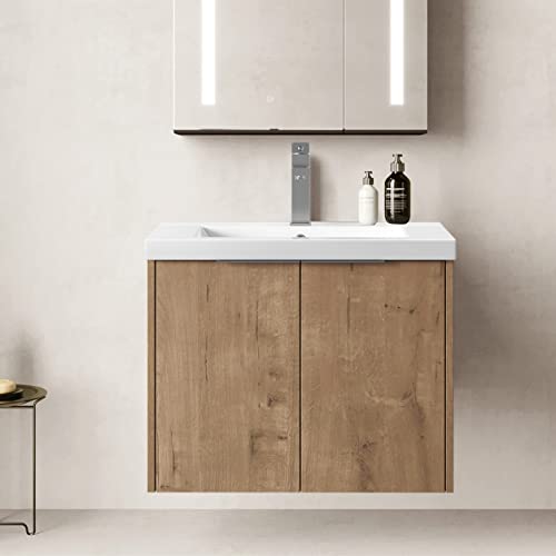 SSLine Wall Mounted Bathroom Vanity with Sink Combo Modern 24-Inch Single Bathroom Vanity Set with Top Basin &Storage Cabinet Brown Wood Hanging Bath Cabinet w/Resin Sink for Small Space (24"-Brown)